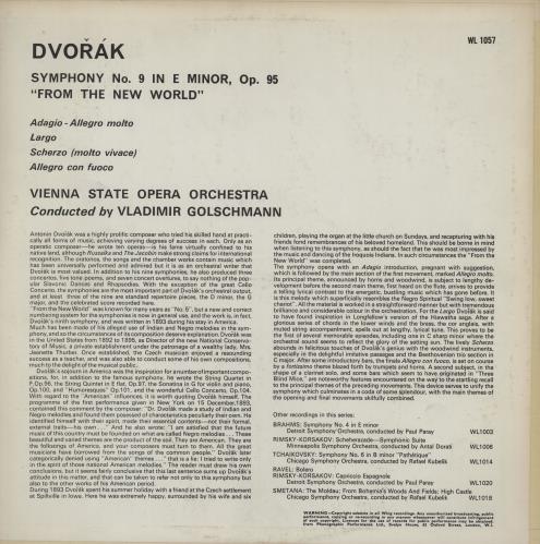 Antonín Dvorák Symphony No. 9 in E Minor, Op.95 "From The New World" UK vinyl LP album (LP ...